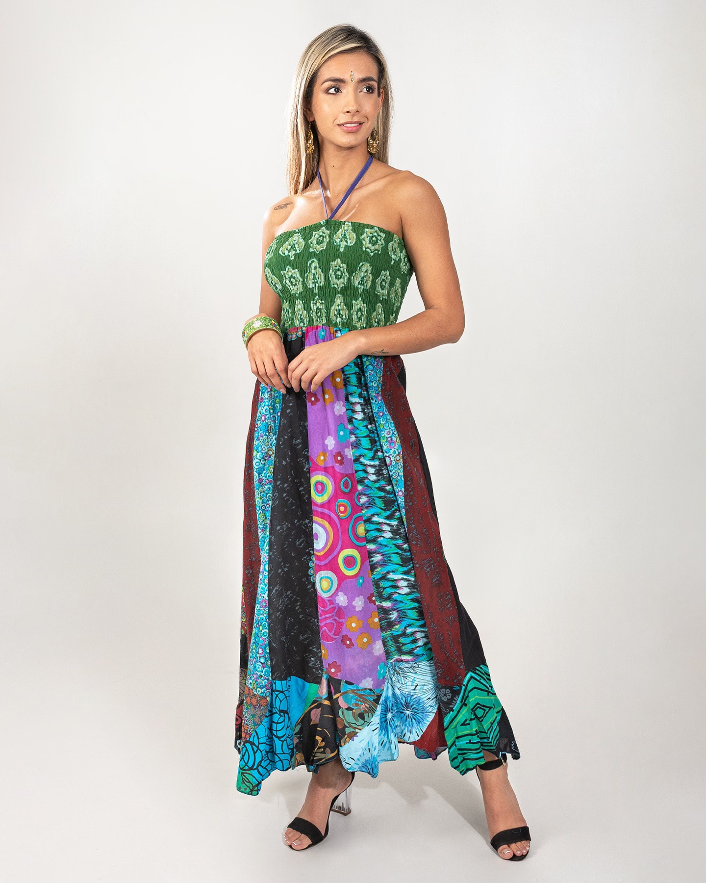 Vestido estraple punta satín patchwork India – Kirfa