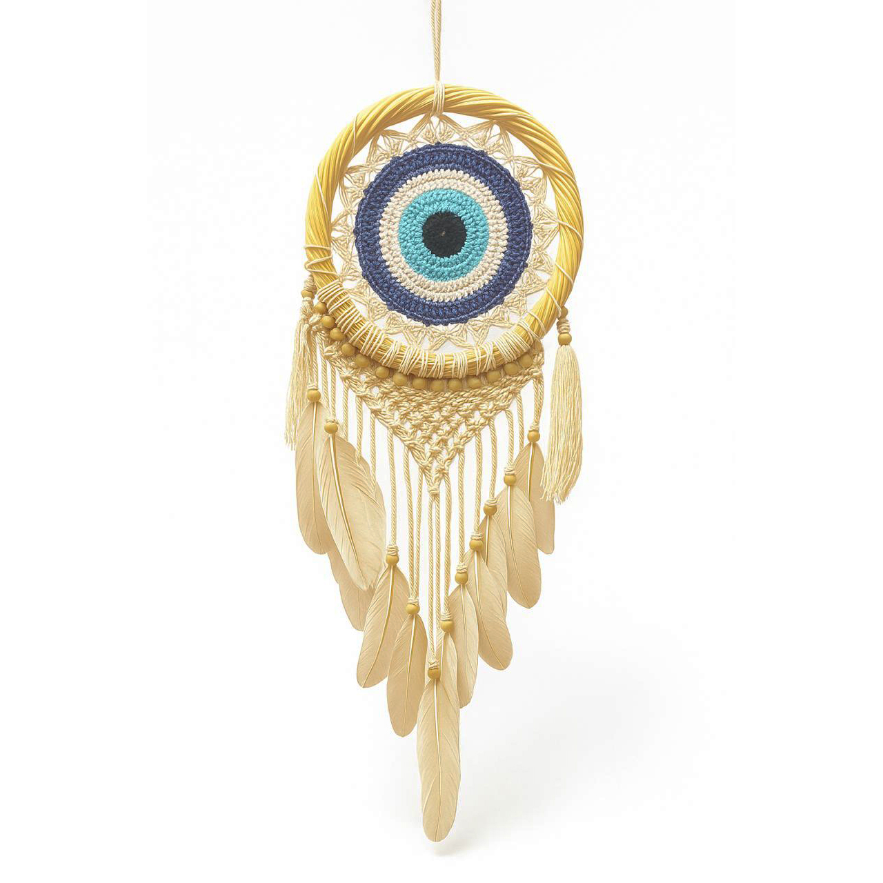 Atrapasueños hamsa en madera, tejido ojo turco blanco/azul – Kirfa