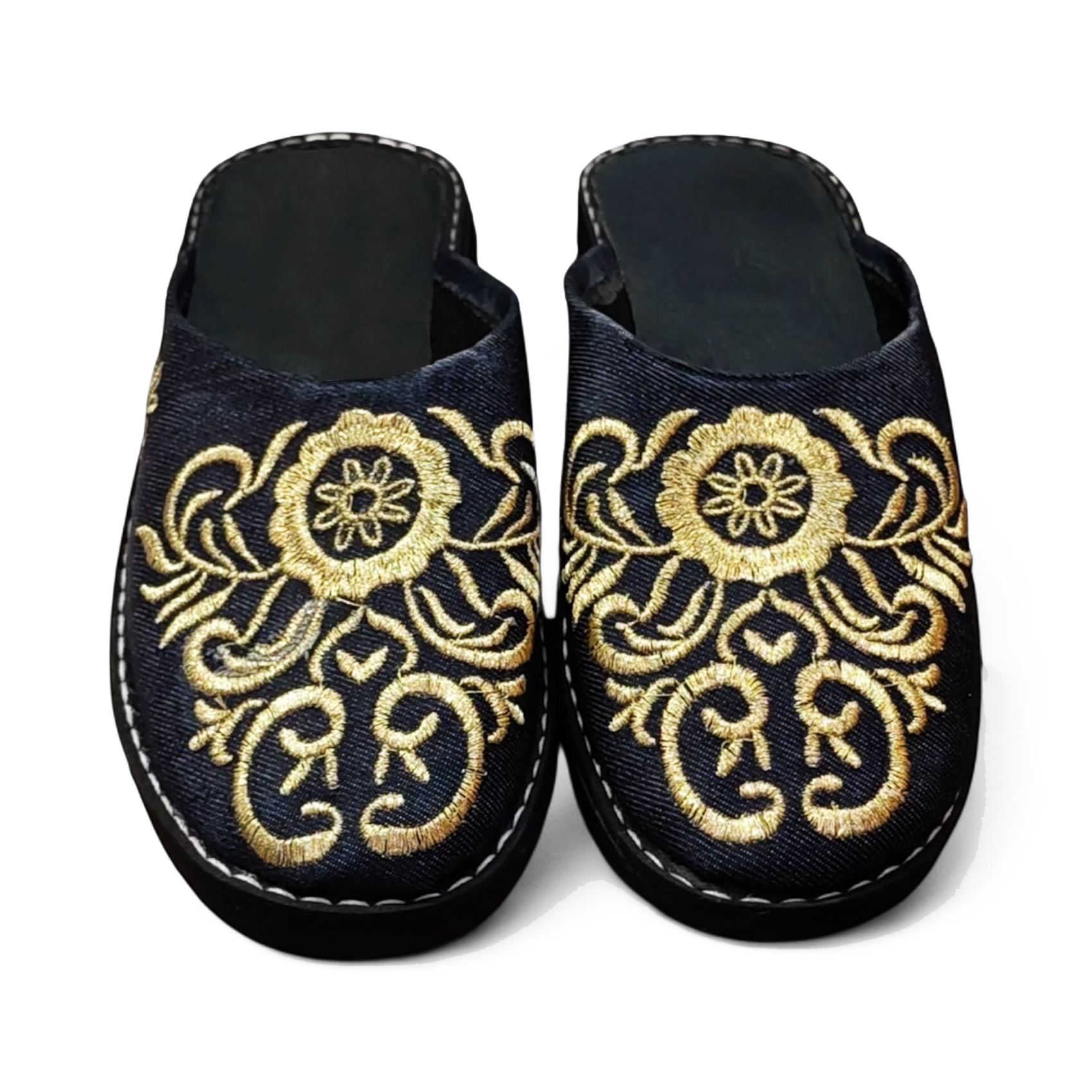 Zapatillas Marroquíes en jean azul bordado dorado – Kirfa
