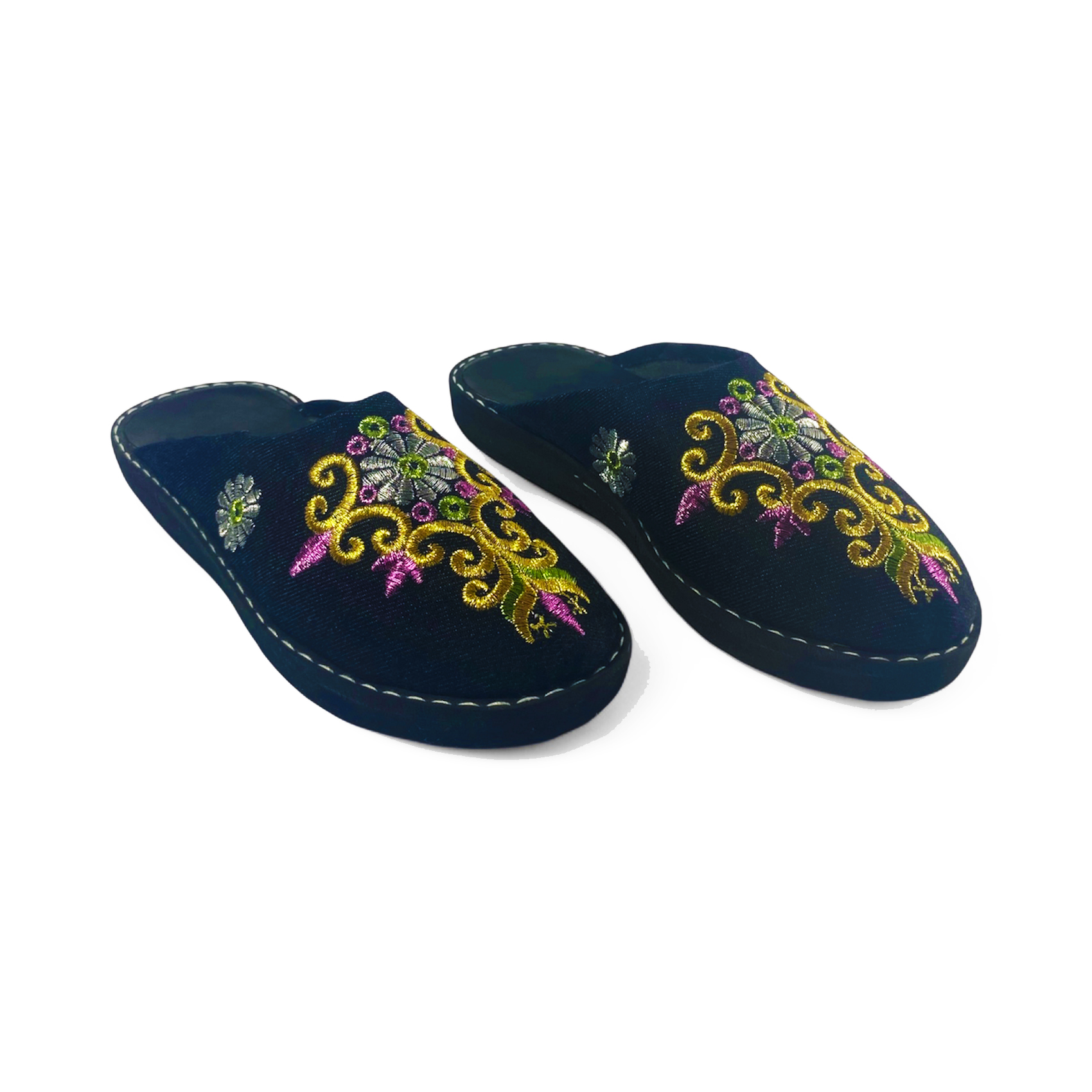 Zapatillas Marroquíes negras bordado dorado y color – Kirfa