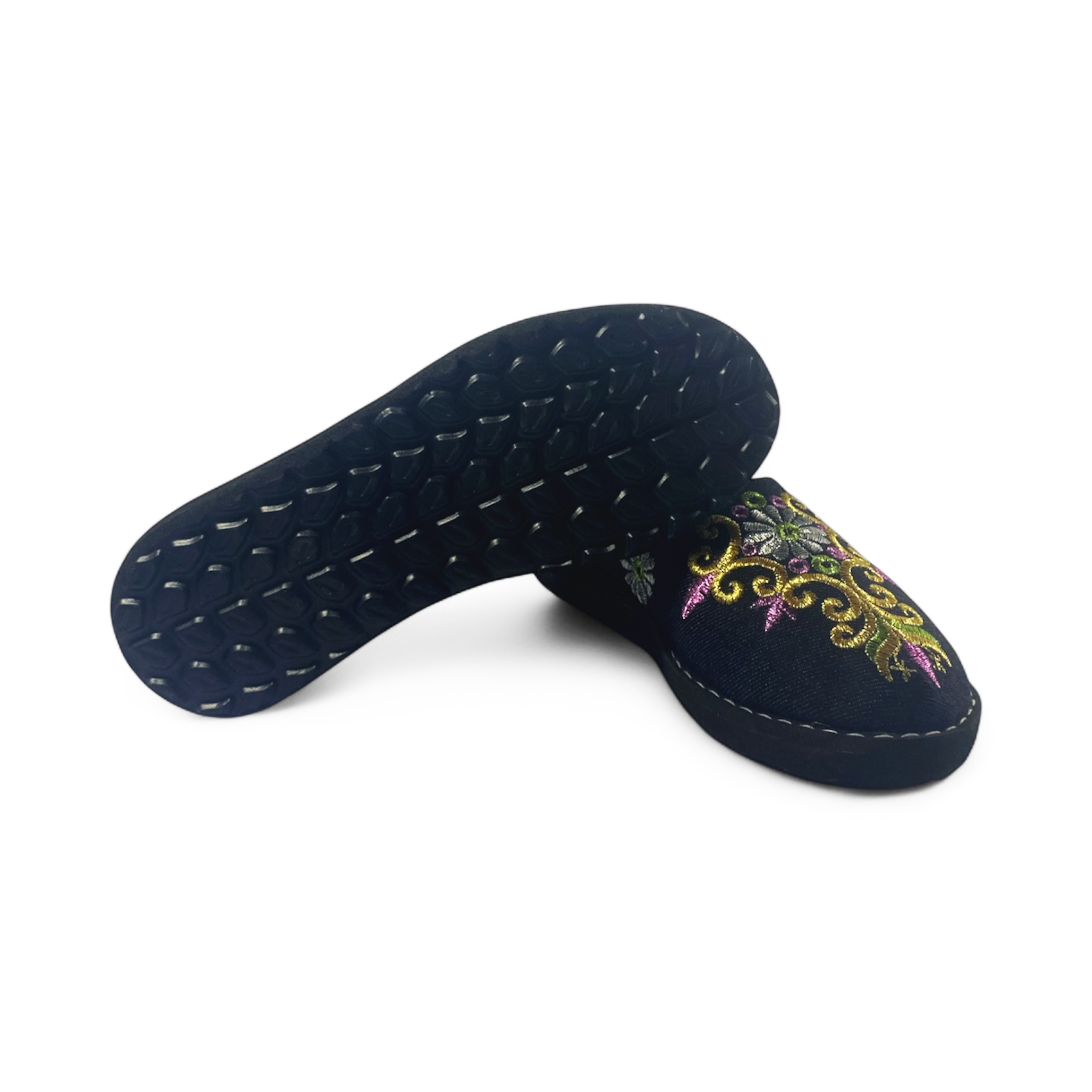 Zapatillas Marroquíes negras bordado dorado y color – Kirfa