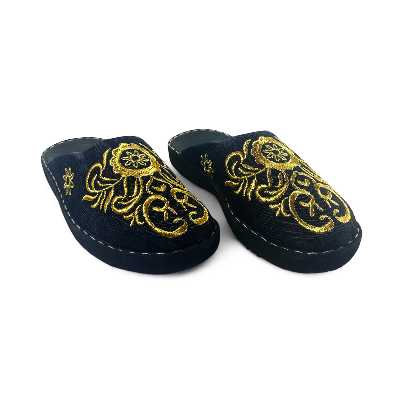 Zapatillas Marroquíes en jean azul bordado dorado – Kirfa