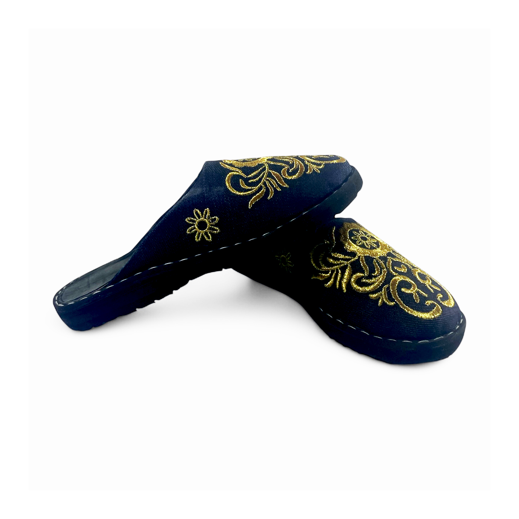 Zapatillas Marroquíes en jean azul bordado dorado – Kirfa