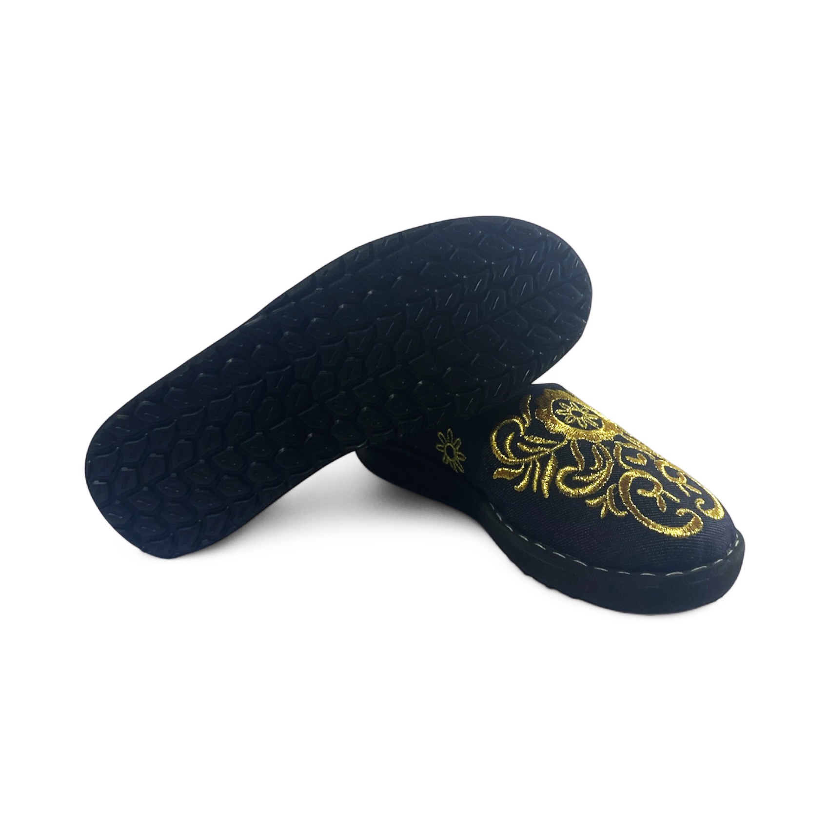 Zapatillas Marroquíes en jean azul bordado dorado – Kirfa